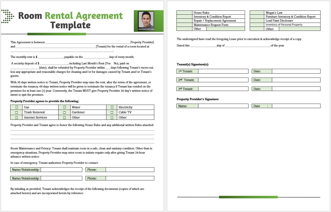 Room Rental Agreement Templates - Mike's Templates